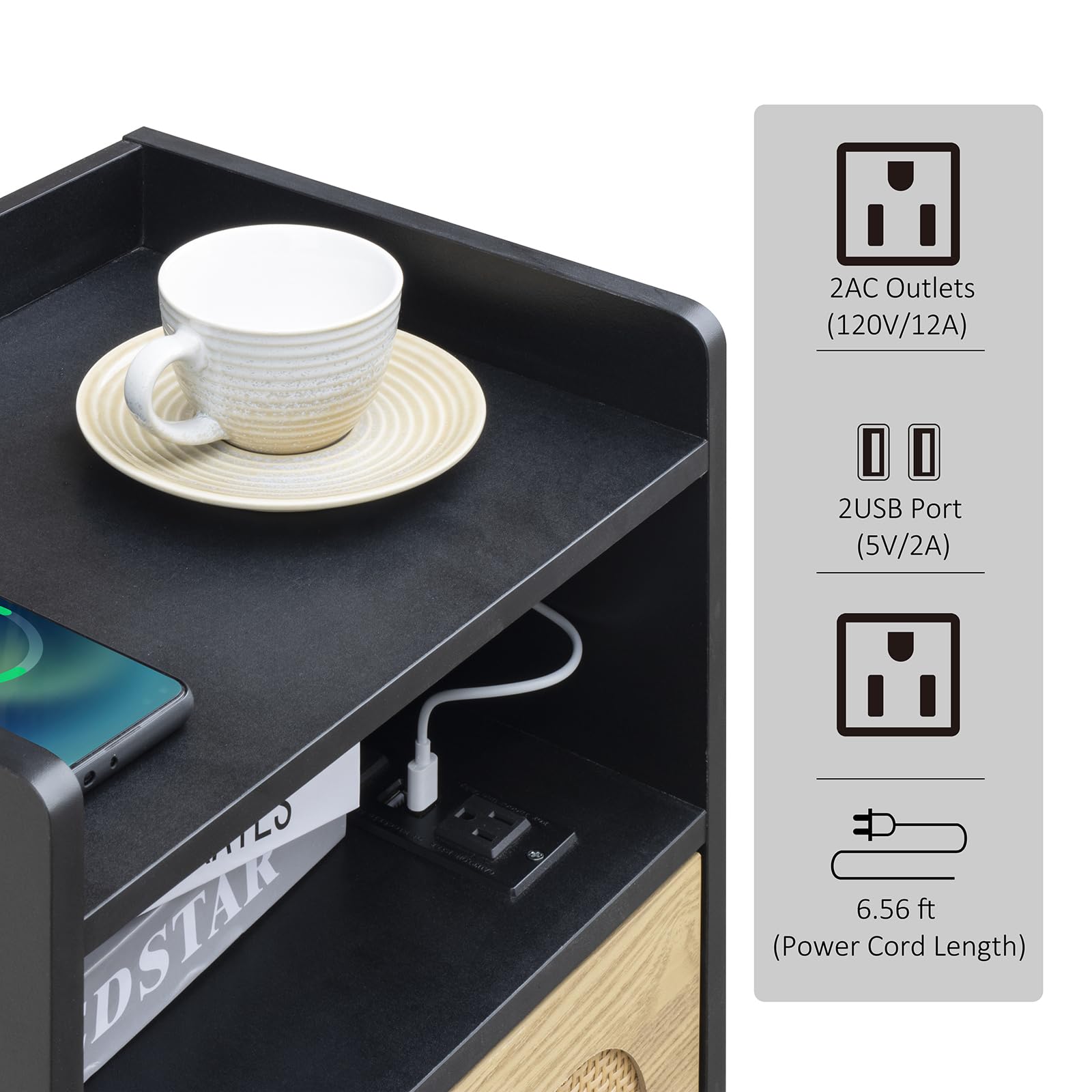 Lomojo Rattan Nightstand Set of 2, Bedside Table with Charging Station, Modern Night Stand,Wood Boho Side Table,Mid Century Small End Table with Drawer for Bedroom (black2)
