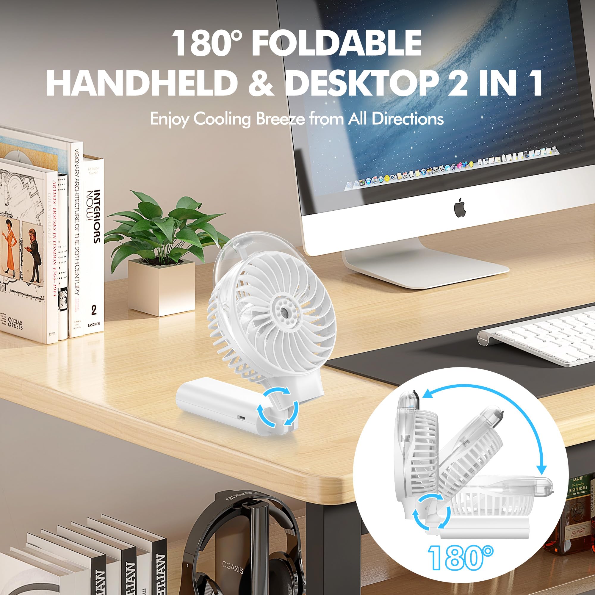 MORECORE Portable Misting Fan, 180° Foldable Handheld Personal Fan with Mist Spray, 3 Adjustable Wind Speeds, USB Rechargeable for Travel Outdoors Makeup Camping Home Office (White)