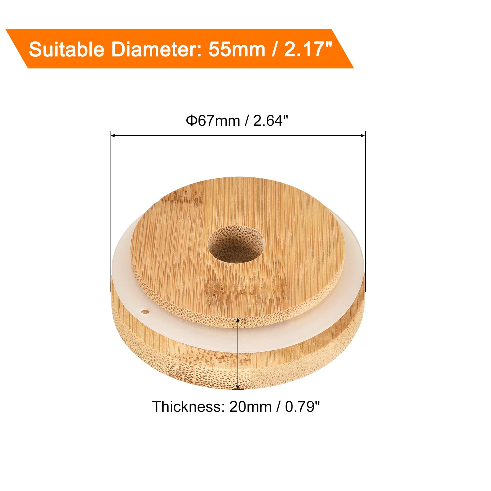 uxcell Mason Jar Lids with Straw Hole, 6pcs - Bamboo Lids with Silicone Ring for Glass Cups 70mm Regular Mouth Leak Proof Fits Storage Jars(Wood Color)