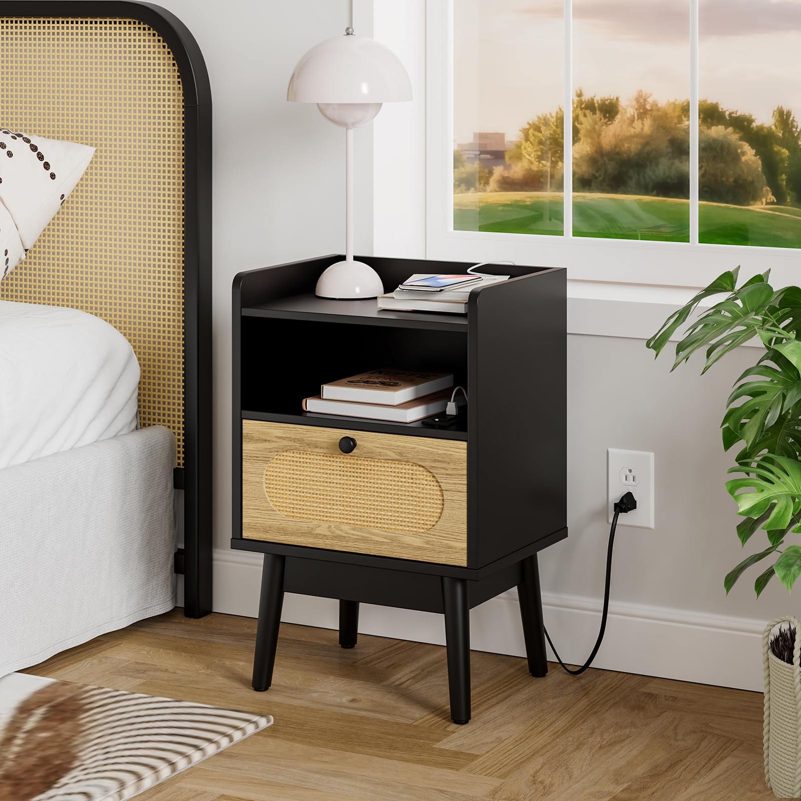 Lomojo Rattan Nightstand Set of 2, Bedside Table with Charging Station, Modern Night Stand,Wood Boho Side Table,Mid Century Small End Table with Drawer for Bedroom (black2)