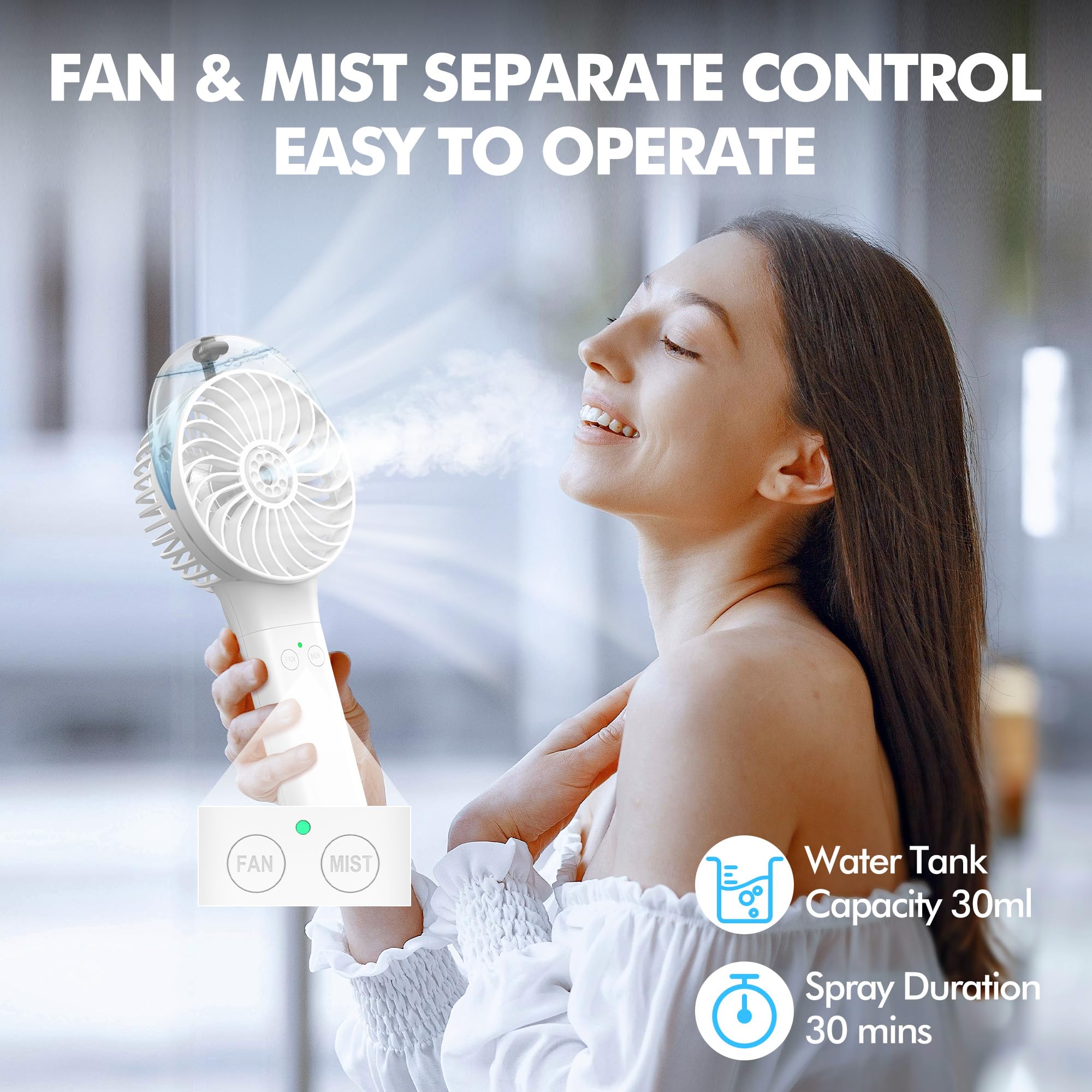 MORECORE Portable Misting Fan, 180° Foldable Handheld Personal Fan with Mist Spray, 3 Adjustable Wind Speeds, USB Rechargeable for Travel Outdoors Makeup Camping Home Office (White)