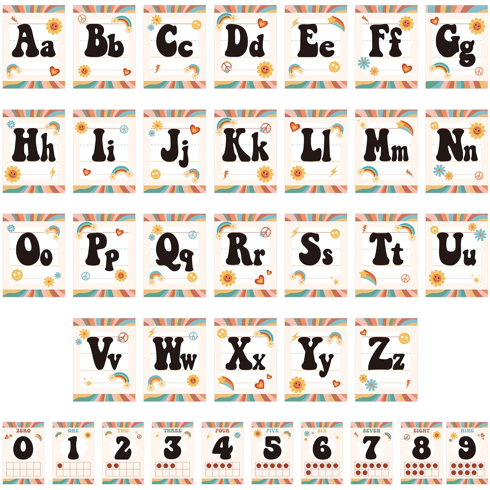 36Pcs Retro Classroom Alphabet Number Bulletin Board Set, Groovy ABC Alphabet Card and 0-9 Number Posters Decor with Glue Point for Preschool Kindergarten Classroom and Teachers Wall Decorations
