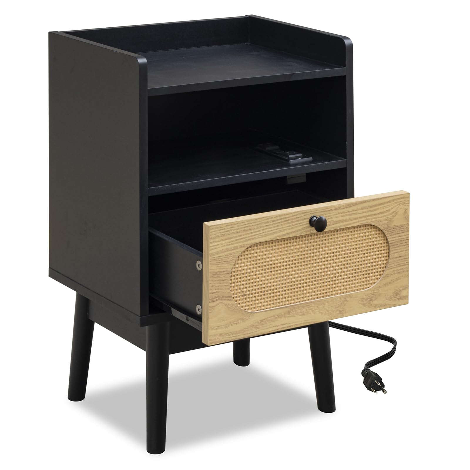 Lomojo Rattan Nightstand Set of 2, Bedside Table with Charging Station, Modern Night Stand,Wood Boho Side Table,Mid Century Small End Table with Drawer for Bedroom (black2)