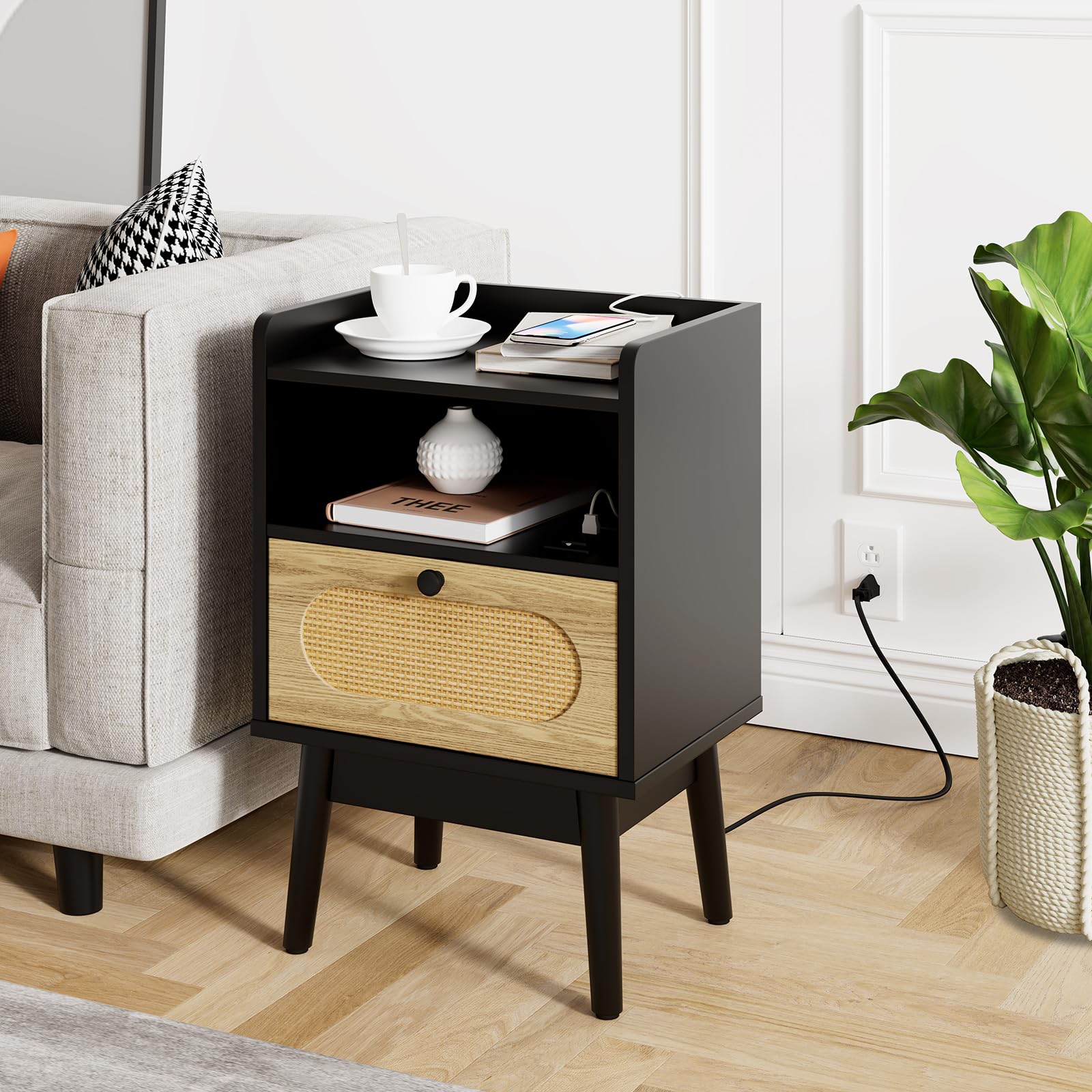 Lomojo Rattan Nightstand Set of 2, Bedside Table with Charging Station, Modern Night Stand,Wood Boho Side Table,Mid Century Small End Table with Drawer for Bedroom (black2)