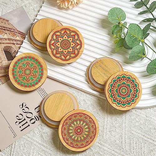 ANNOR 8 Pack Oui Yogurt Jar Lids Reusable Bamboo Wooden Lids with Mandala Patterns, Silicone Sealing Rings and Yogurt Bottle Label, Fit for Oui Yogurt Jars