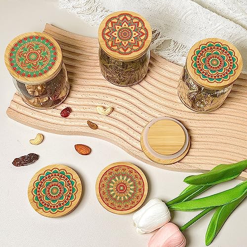 ANNOR 8 Pack Oui Yogurt Jar Lids Reusable Bamboo Wooden Lids with Mandala Patterns, Silicone Sealing Rings and Yogurt Bottle Label, Fit for Oui Yogurt Jars