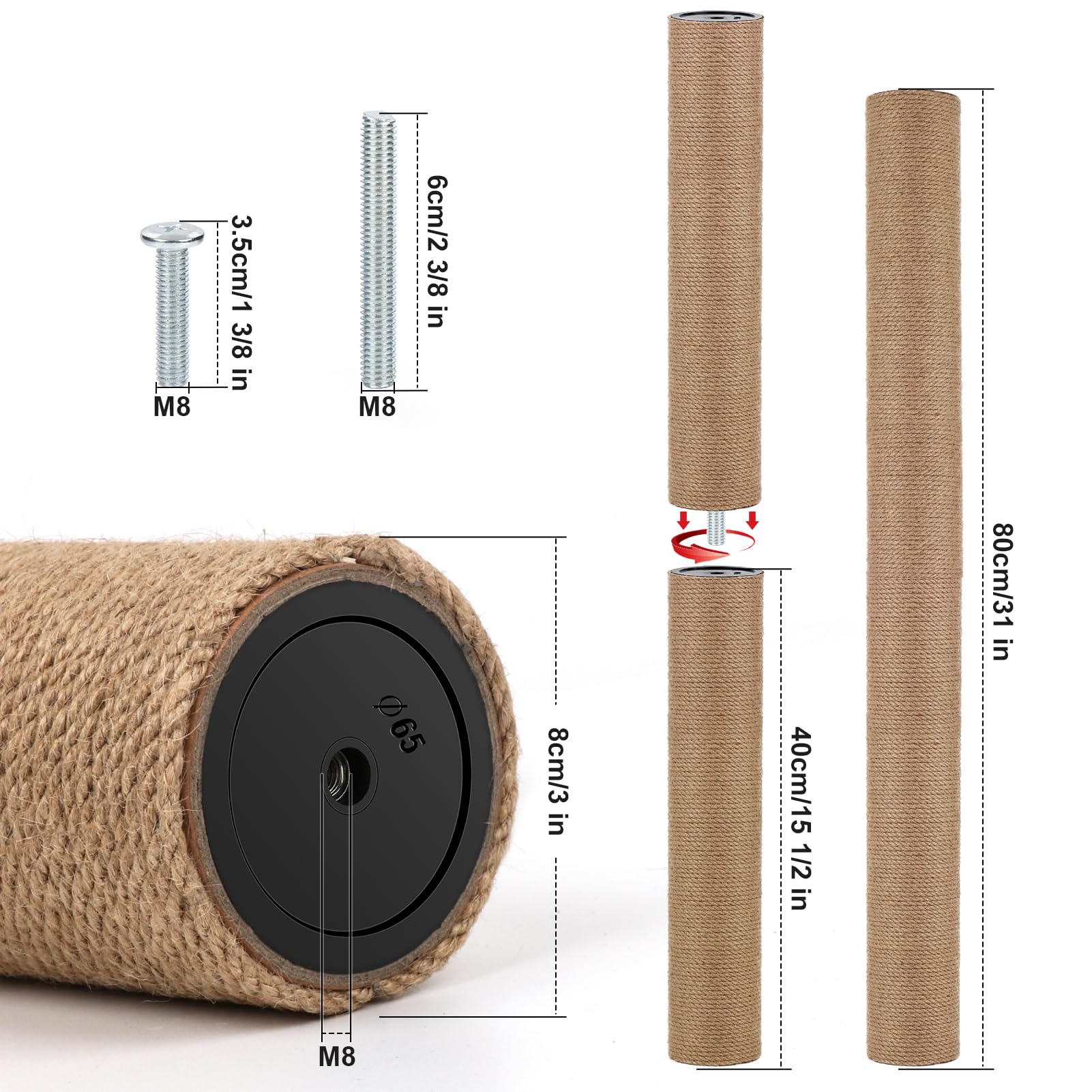 PETUOL 4 PCS M8 Cat Scratching Post Replacement, 15.7 x 3.1 Inches Cat Tree Replacement Post Jute Pole for Indoor Cats with M8 Screws, for Kitten Tree Tower Spare Cat Furniture Accessories