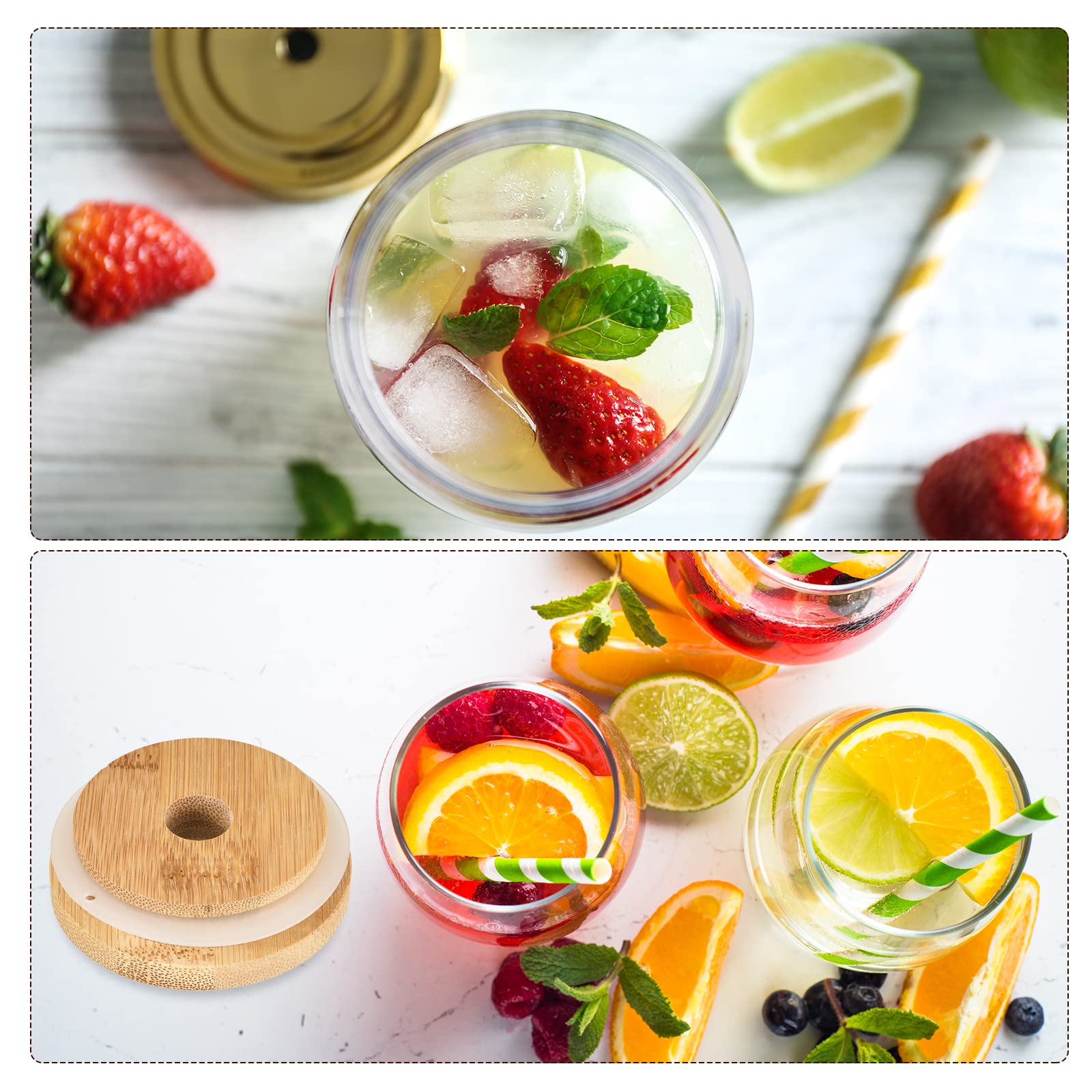 uxcell Mason Jar Lids with Straw Hole, 6pcs - Bamboo Lids with Silicone Ring for Glass Cups 70mm Regular Mouth Leak Proof Fits Storage Jars(Wood Color)