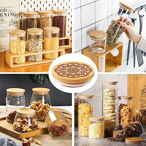 ANNOR 8 Pack Oui Yogurt Jar Lids Reusable Bamboo Wooden Lids with Mandala Patterns, Silicone Sealing Rings and Yogurt Bottle Label, Fit for Oui Yogurt Jars