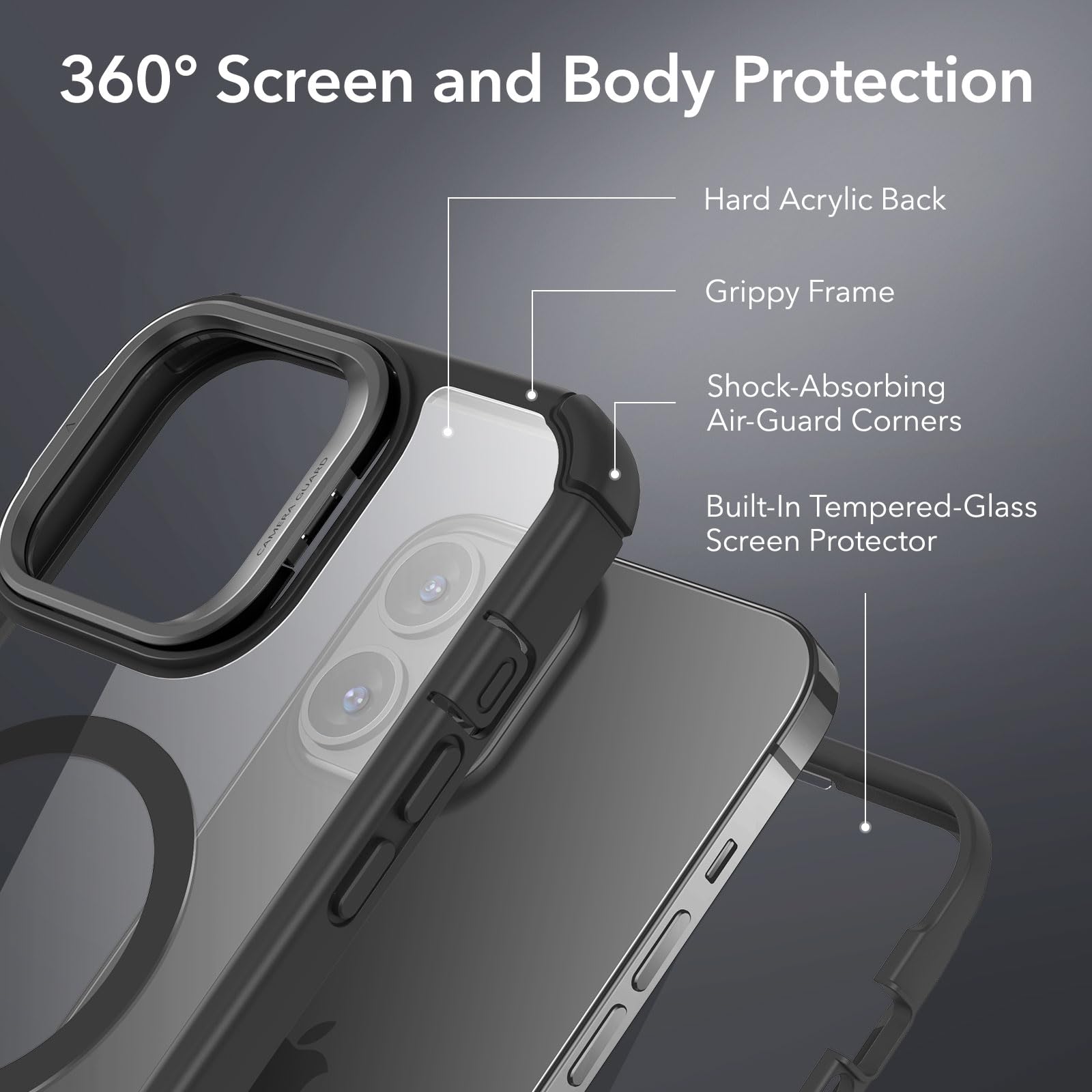 ESR for iPhone 13 Pro Max Case with Stand, Compatible with MagSafe, Full-Body Military-Grade Drop Proof Case with Built-in 9H+ Tempered Glass Screen Protector, Armor Series, Clear Black