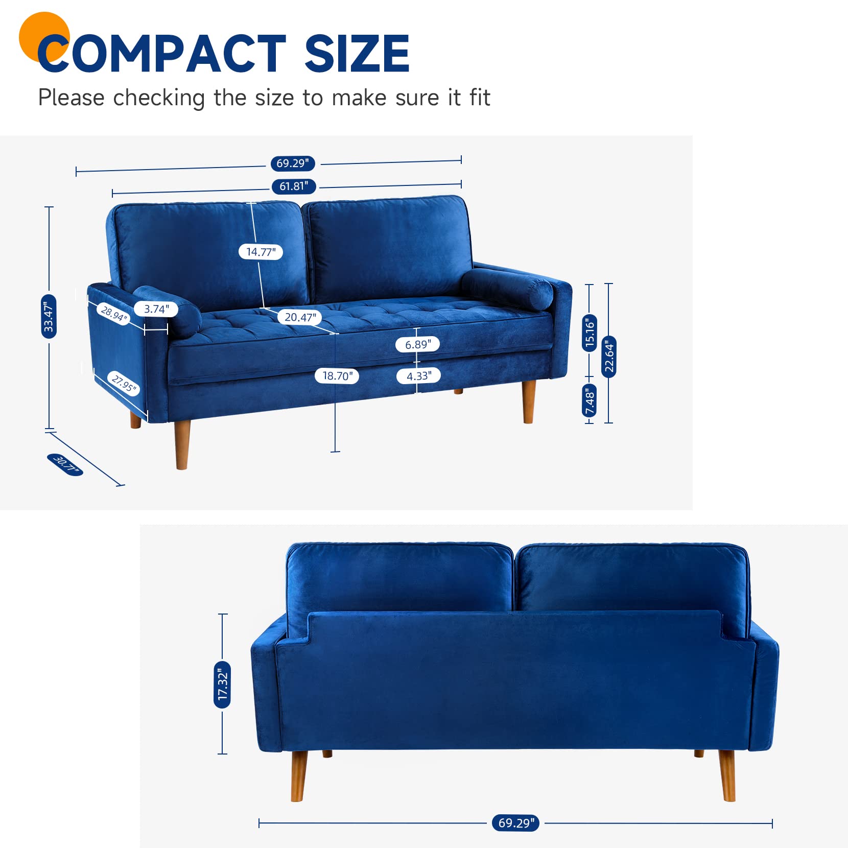 Vesgantti Blue Velvet Couch 70 inch, 3 Seater Loveseat Sofa, Mid Century Modern Couches for Living Room, Upholstered Velvet Sofa with 2 Pillows, Button Tufted Sofa for Bedroom, Home Office, Apartment