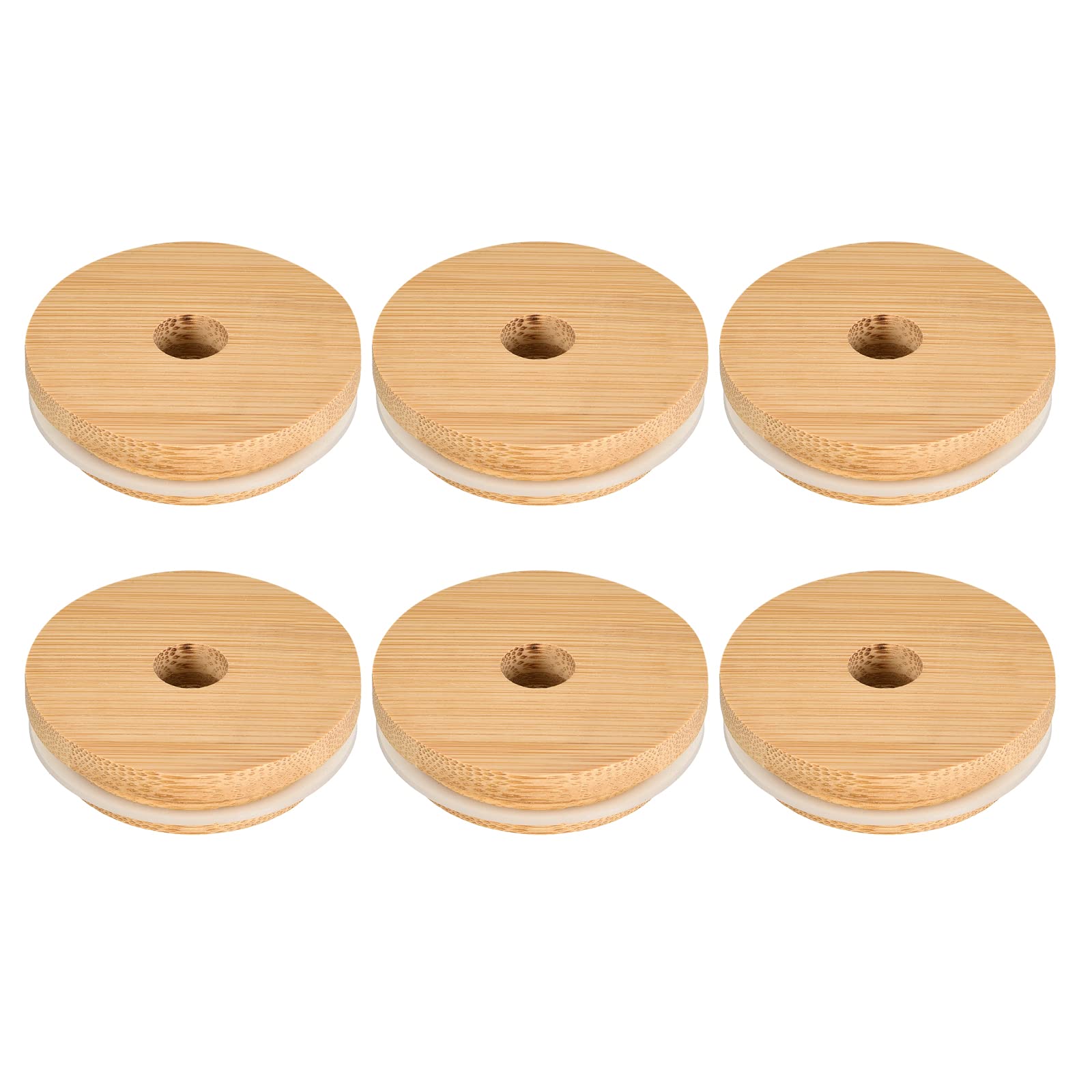 uxcell Mason Jar Lids with Straw Hole, 6pcs - Bamboo Lids with Silicone Ring for Glass Cups 70mm Regular Mouth Leak Proof Fits Storage Jars(Wood Color)