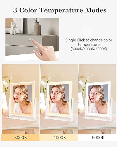 GANAIHQGROWING Classic Vanity Mirror with Lights,13 in Tabletop Lighted Makeup Mirror LED Lights for Over Sink, Smart Touch Control, Stepless Dimmable 3 Colors Lighting Modes