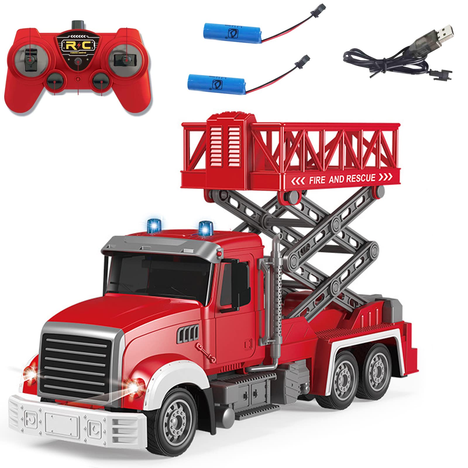 Mostop RC Fire Truck 7 Channel 2.4Ghz Remote Control Fire Engine Truck Toy, 14 inch City Rescue Firetruck Electric Hobby RC Truck Construction Toy with Light and Sounds