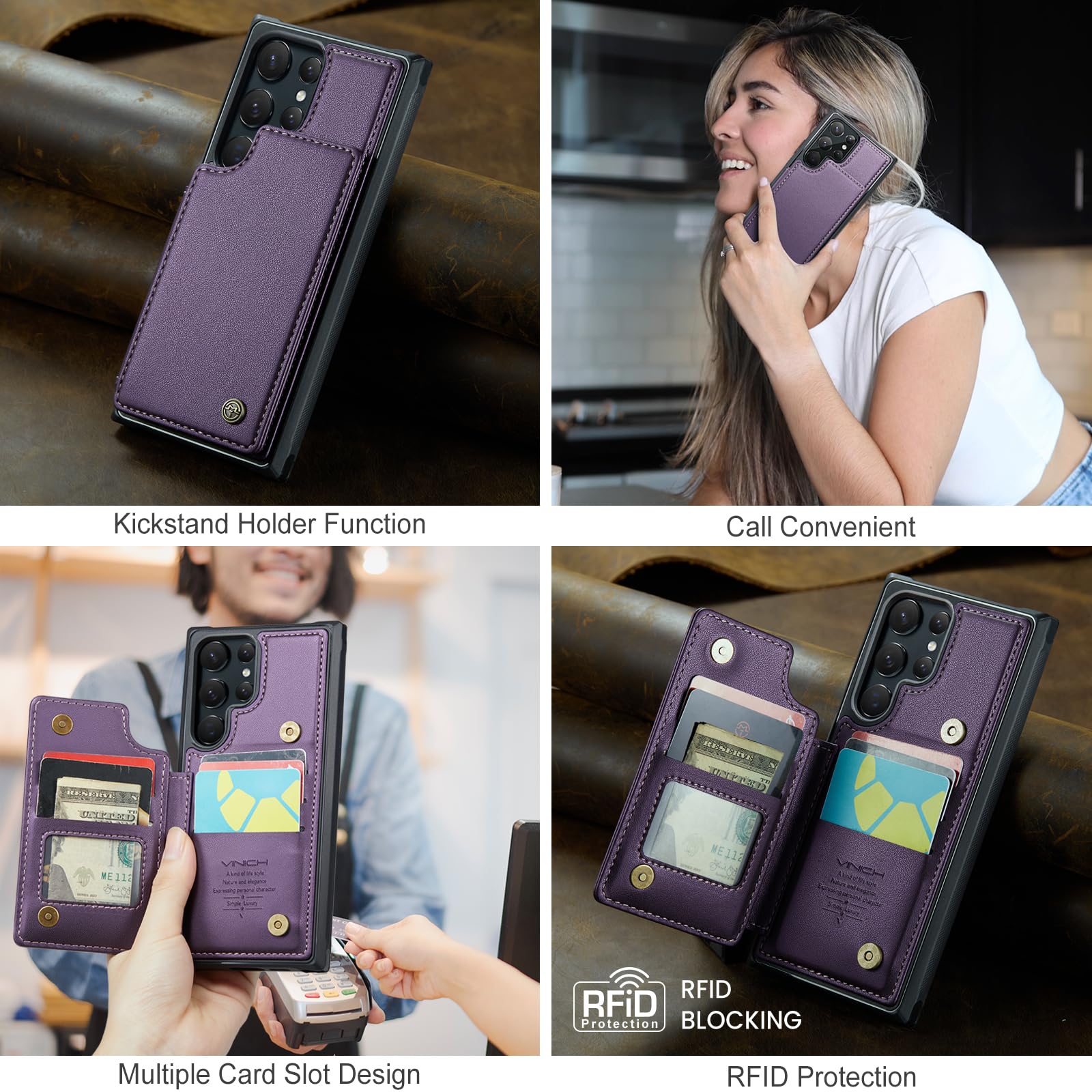 Vinich for Samsung Galaxy S22 Ultra Wallet Case with Card Holder, RFID Blocking Credit Slots Kickstand Shockproof Phone Cover for Women Men, Purple