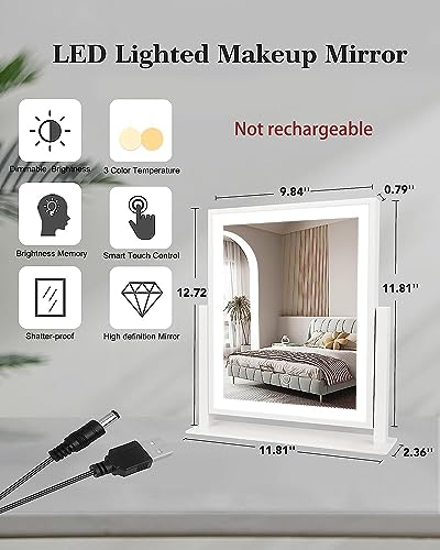 GANAIHQGROWING Classic Vanity Mirror with Lights,13 in Tabletop Lighted Makeup Mirror LED Lights for Over Sink, Smart Touch Control, Stepless Dimmable 3 Colors Lighting Modes
