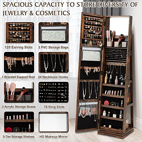 ACIPENSER Rotating Jewelry Armoire Cabinet, Standing Lockable Jewelry Cabinet Organizer w/Full Length Mirror, Large Storage Capacity, Built-in Makeup Mirror & 3-Tier Back Shelves, Rustic Brown