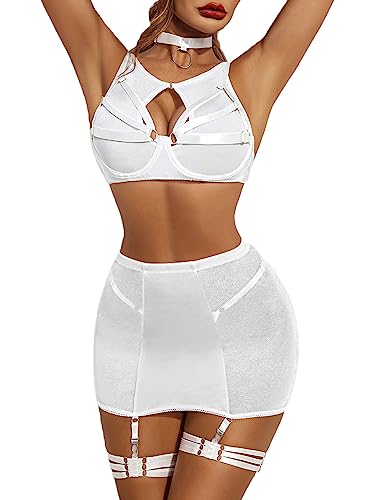 Avidlove Sexy Stripper Outfits Secy Lingerie Outfits Plus Size Lingerie for Women White Lingerie for Women Bridal Cutout Dresses for Women 6Pc Strappy Cutout Sheer Stretchy Lingerie Sets for Women Sex