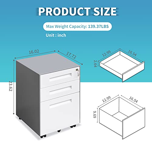 3-Drawer Mobile File Cabinet with Lock, Office Storage Filing Cabinet for Legal/Letter Size, Pre-Assembled Metal File Cabinet Except Wheels Under Desk (White+Gray)