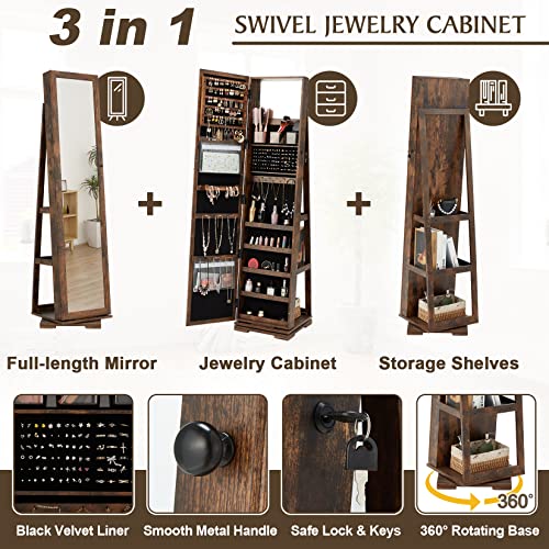 ACIPENSER Rotating Jewelry Armoire Cabinet, Standing Lockable Jewelry Cabinet Organizer w/Full Length Mirror, Large Storage Capacity, Built-in Makeup Mirror & 3-Tier Back Shelves, Rustic Brown