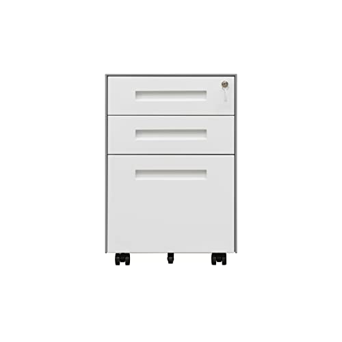 3-Drawer Mobile File Cabinet with Lock, Office Storage Filing Cabinet for Legal/Letter Size, Pre-Assembled Metal File Cabinet Except Wheels Under Desk (White+Gray)