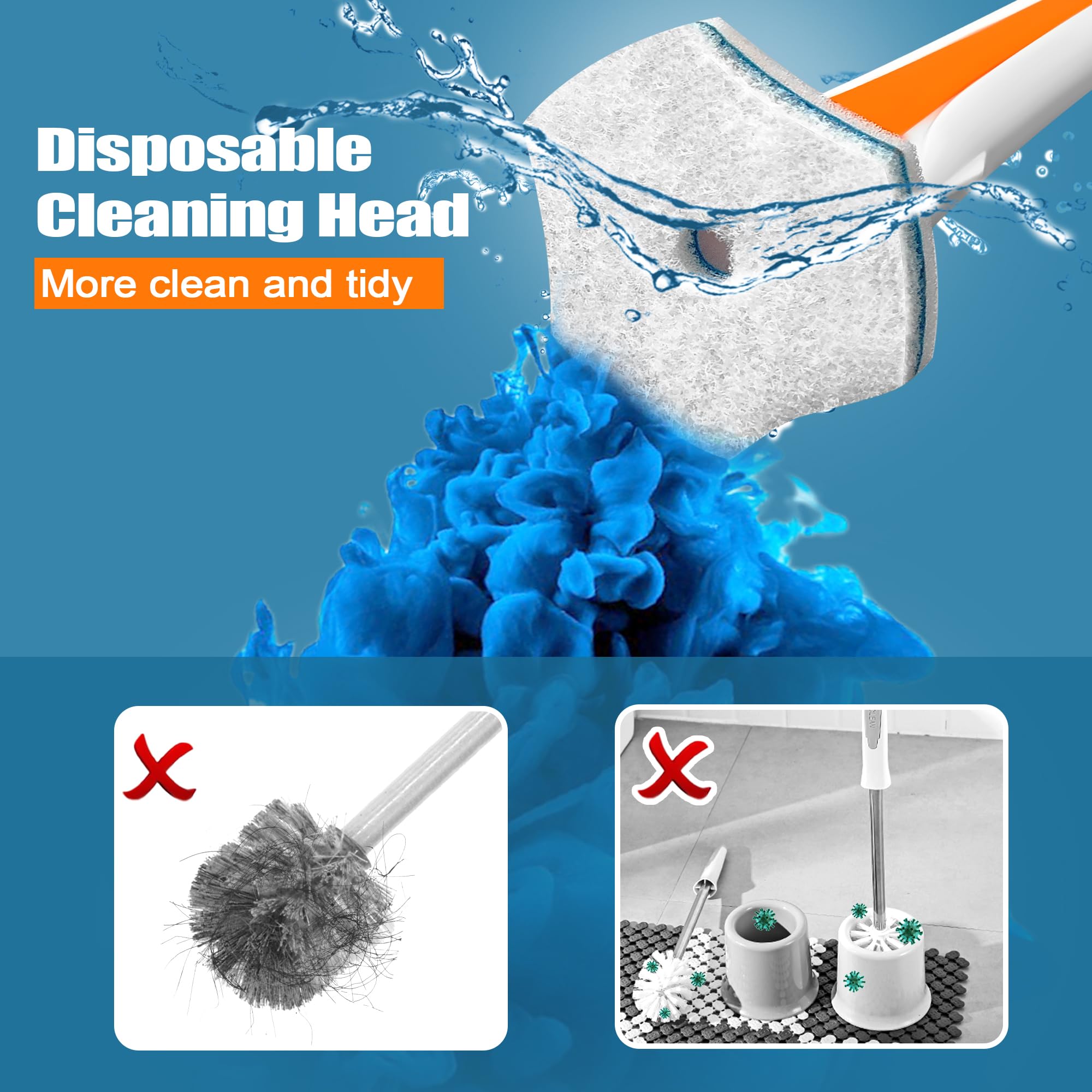 JEHONN Disposable Toilet Bowl Cleaner Wand with 40 Cleaner Refills, Wall Mounted Long Handle Compact Bathroom Scrub Brush Holder Set for Sink Bathtub Wash Basin Mop Pool (Orange)