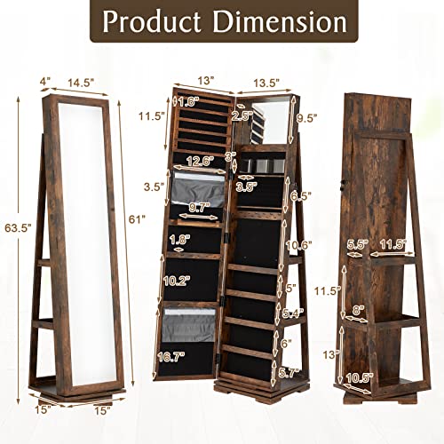 ACIPENSER Rotating Jewelry Armoire Cabinet, Standing Lockable Jewelry Cabinet Organizer w/Full Length Mirror, Large Storage Capacity, Built-in Makeup Mirror & 3-Tier Back Shelves, Rustic Brown