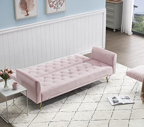Tufted Upholstered Velvet Modern Futon Loveseat Sleeper Sofa Bed Convertible Couch Daybed,Folding Sofá Beds Recliner,Small Love Seat 2-Seat Couches with Toss Pillows&Metal Legs for Living Room