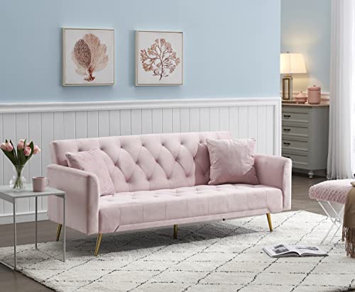 Tufted Upholstered Velvet Modern Futon Loveseat Sleeper Sofa Bed Convertible Couch Daybed,Folding Sofá Beds Recliner,Small Love Seat 2-Seat Couches with Toss Pillows&Metal Legs for Living Room