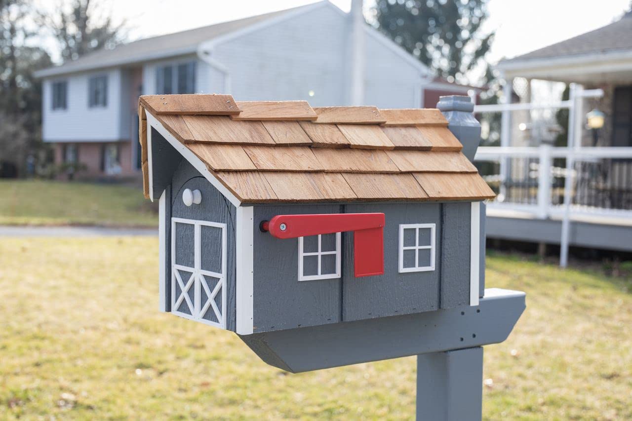 Wood Mailbox with Cedar Shake Roof and Magnetic Latch - Choose Your Color (Grey & Cedar Shake & White)