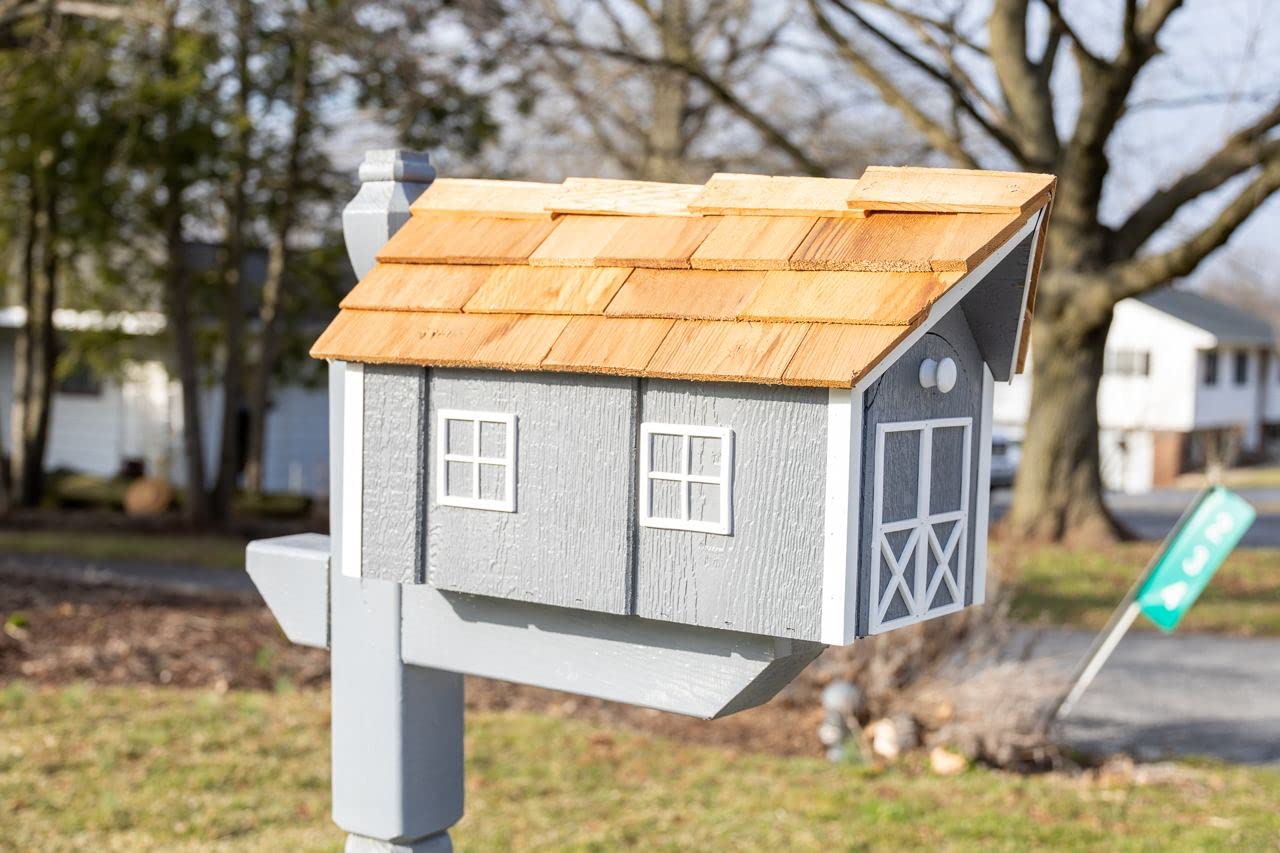 Wood Mailbox with Cedar Shake Roof and Magnetic Latch - Choose Your Color (Grey & Cedar Shake & White)