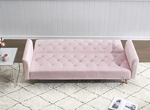 Tufted Upholstered Velvet Modern Futon Loveseat Sleeper Sofa Bed Convertible Couch Daybed,Folding Sofá Beds Recliner,Small Love Seat 2-Seat Couches with Toss Pillows&Metal Legs for Living Room