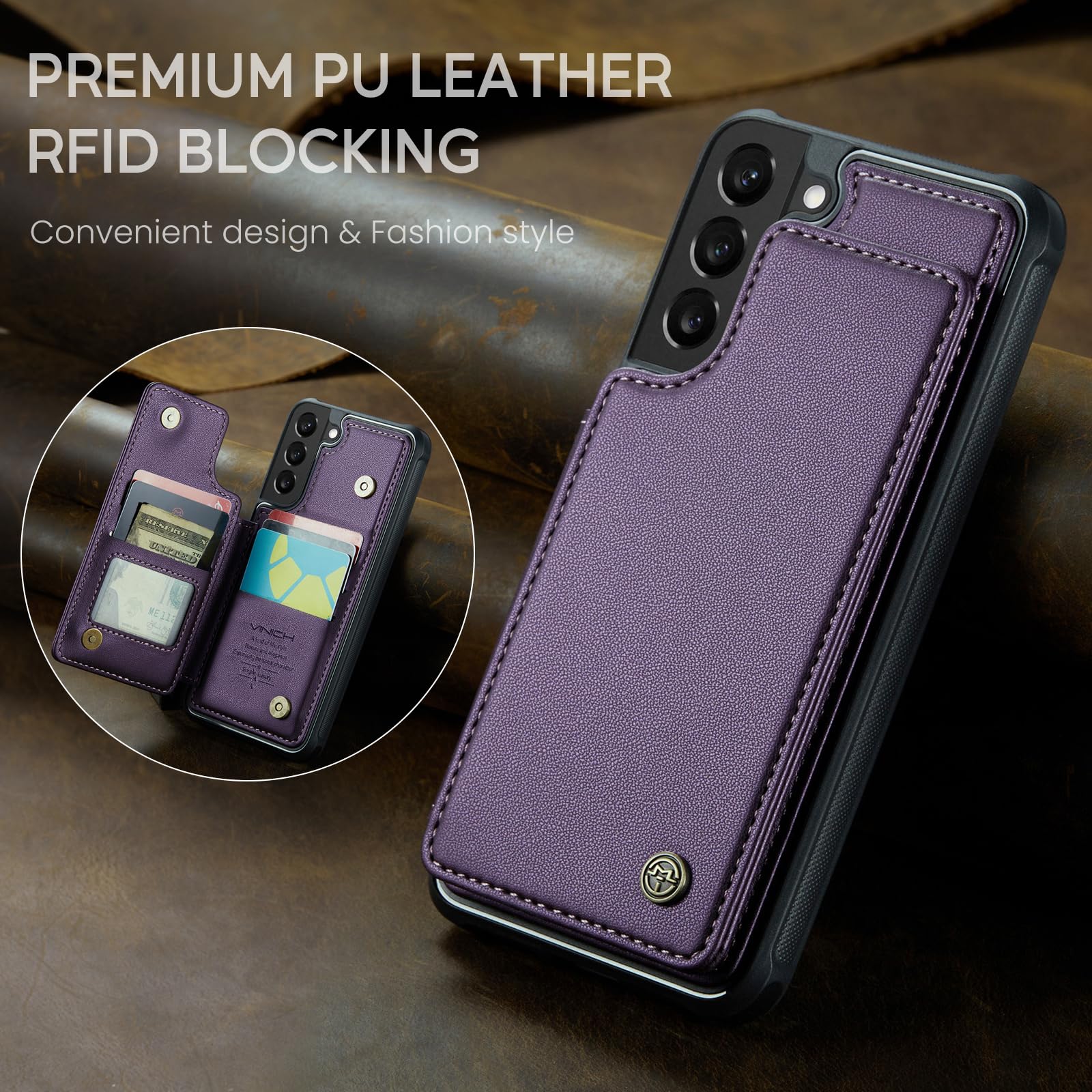 Vinich for Samsung Galaxy S22 Ultra Wallet Case with Card Holder, RFID Blocking Credit Slots Kickstand Shockproof Phone Cover for Women Men, Purple
