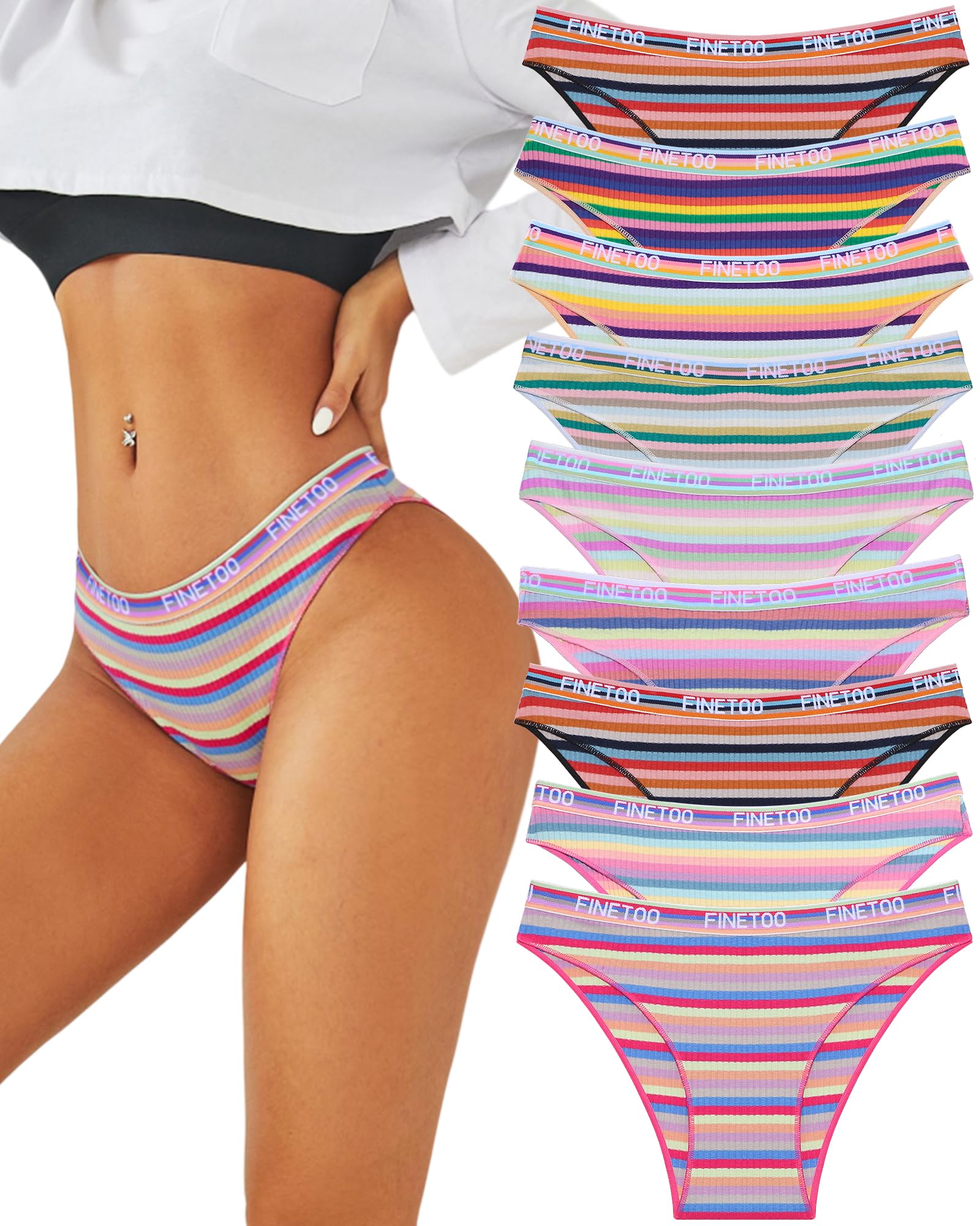 FINETOO Cotton Underwear for Women Bikini Panties High Cut Colorful Stripes Sexy Ladies Hipster Cheeky Panty 9 Pack S-XL