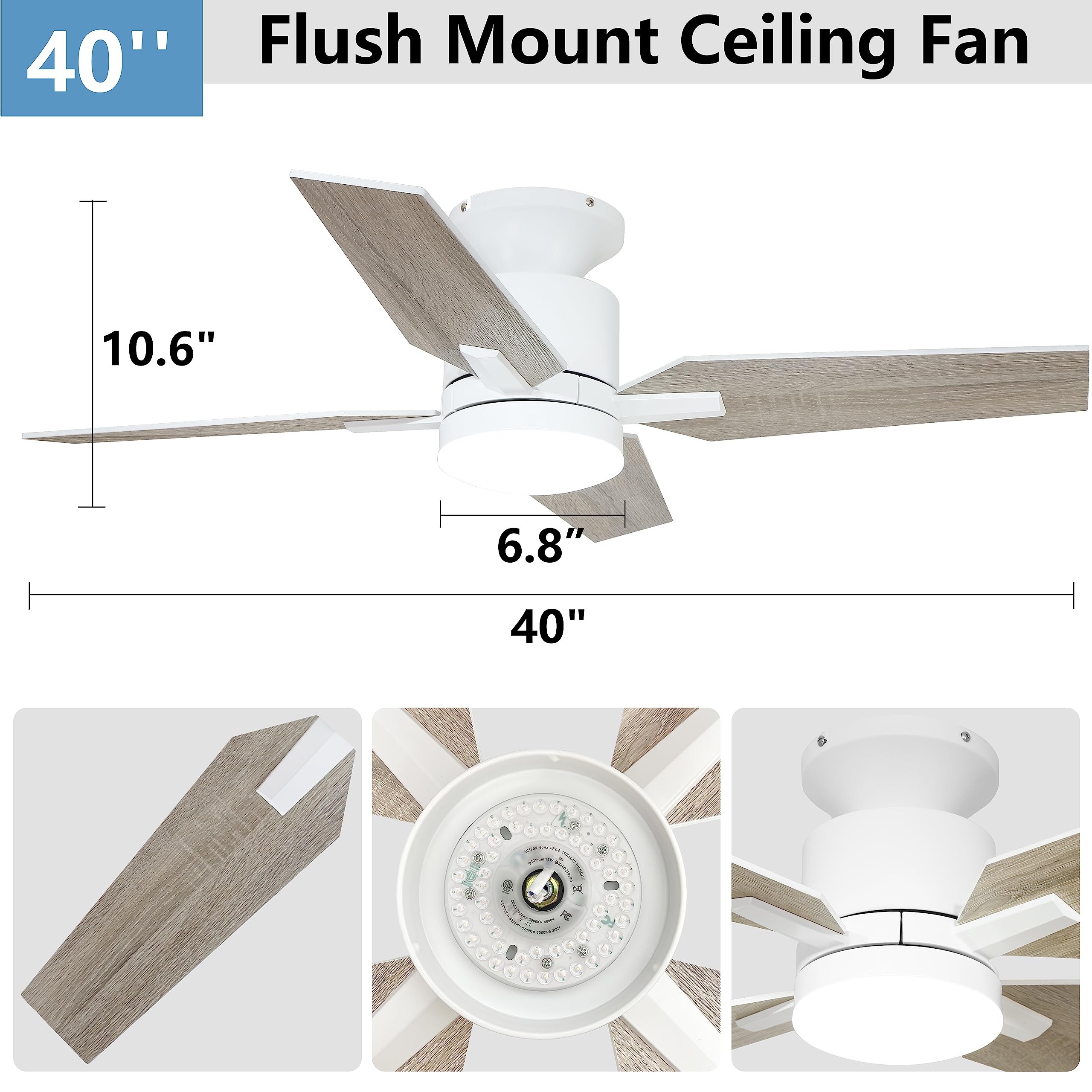 Ohniyou Ceiling Fan with Lights Flush Mount,40'' Small Ceiling Fans with Lights and Remote Control,Indoor Outdoor Quiet DC White Low Profile Ceiling Fan for Patio Kitchen Dining Room Bedroom