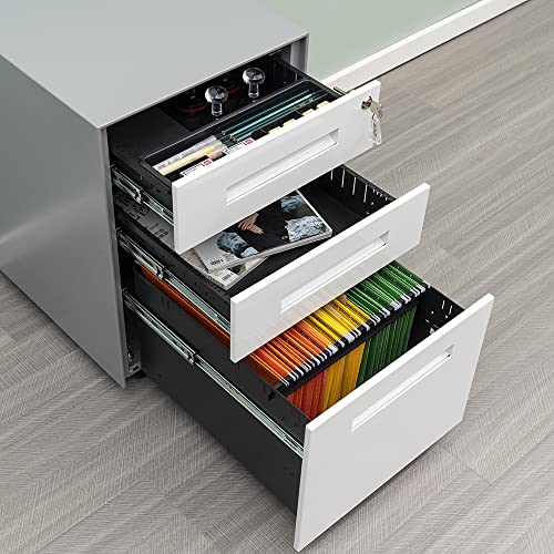 3-Drawer Mobile File Cabinet with Lock, Office Storage Filing Cabinet for Legal/Letter Size, Pre-Assembled Metal File Cabinet Except Wheels Under Desk (White+Gray)