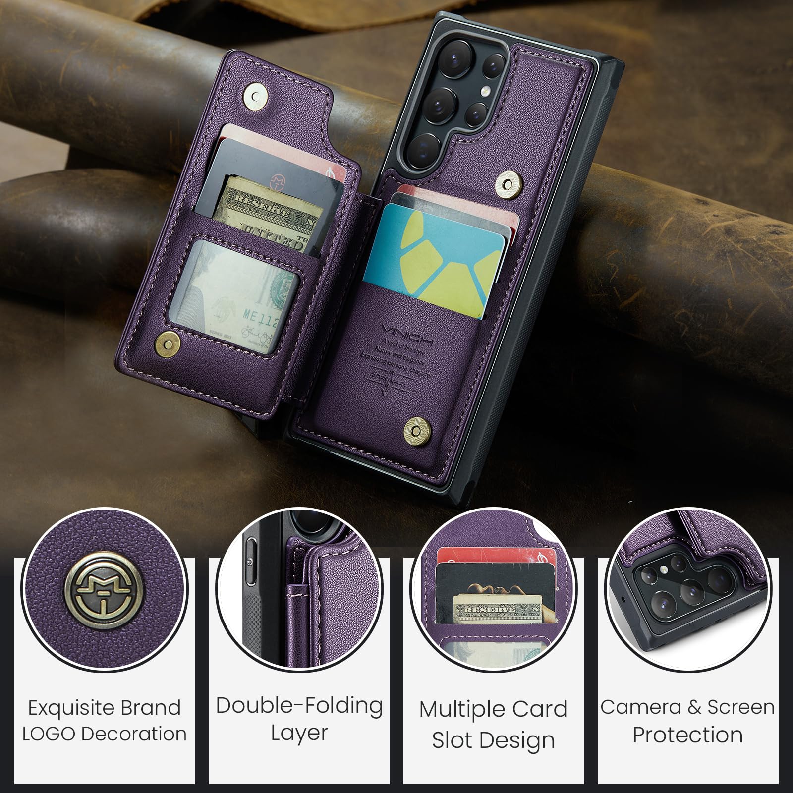 Vinich for Samsung Galaxy S22 Ultra Wallet Case with Card Holder, RFID Blocking Credit Slots Kickstand Shockproof Phone Cover for Women Men, Purple