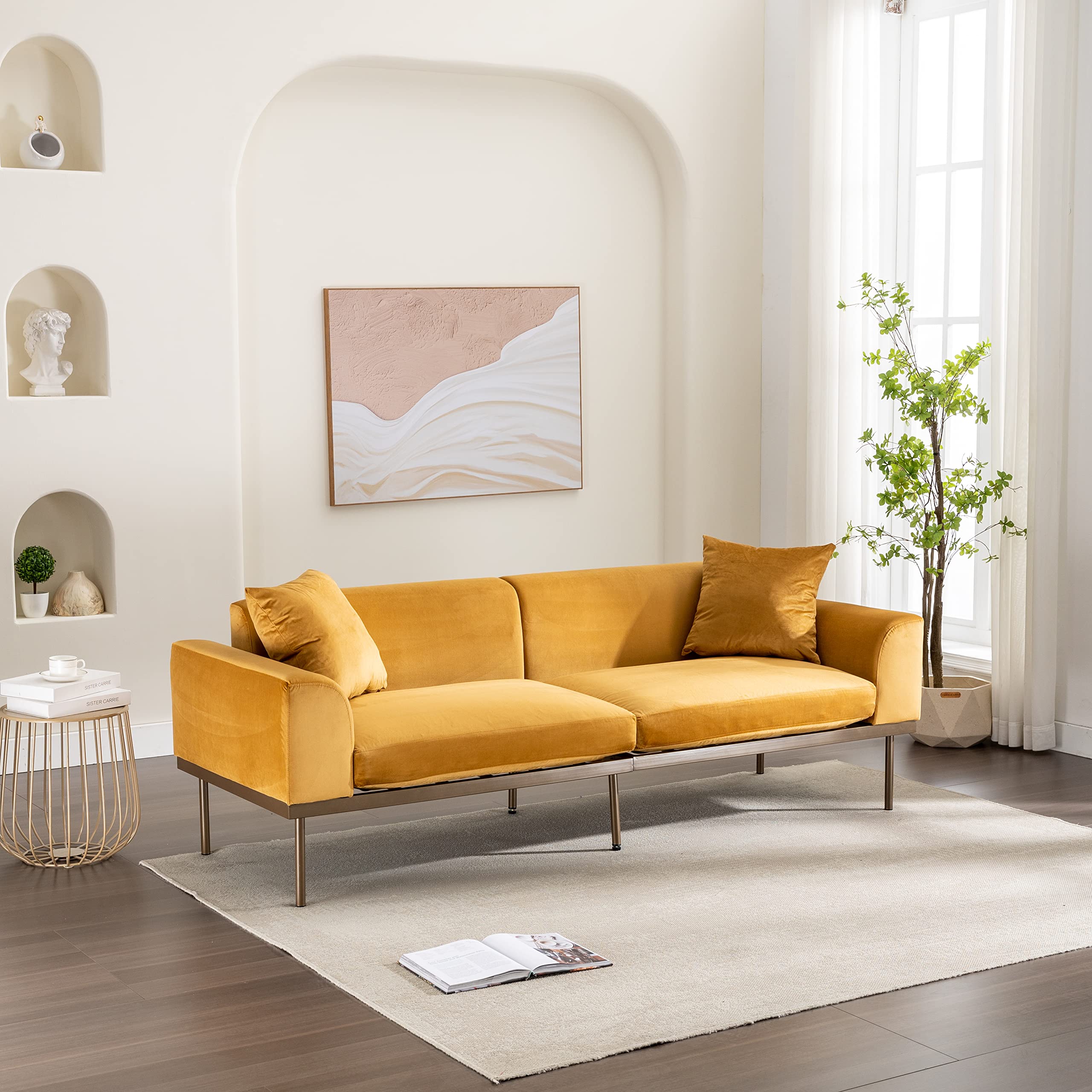 Merax 83ā Mid Century Loveseat Sofa for Living Room,Velvet Small Couch Furniture with Two Pillows Metal Frame Love Seats, Mustard