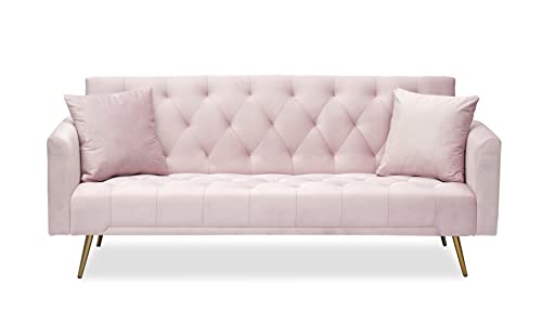 Tufted Upholstered Velvet Modern Futon Loveseat Sleeper Sofa Bed Convertible Couch Daybed,Folding Sofá Beds Recliner,Small Love Seat 2-Seat Couches with Toss Pillows&Metal Legs for Living Room