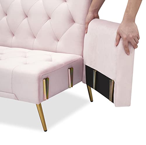 Tufted Upholstered Velvet Modern Futon Loveseat Sleeper Sofa Bed Convertible Couch Daybed,Folding Sofá Beds Recliner,Small Love Seat 2-Seat Couches with Toss Pillows&Metal Legs for Living Room