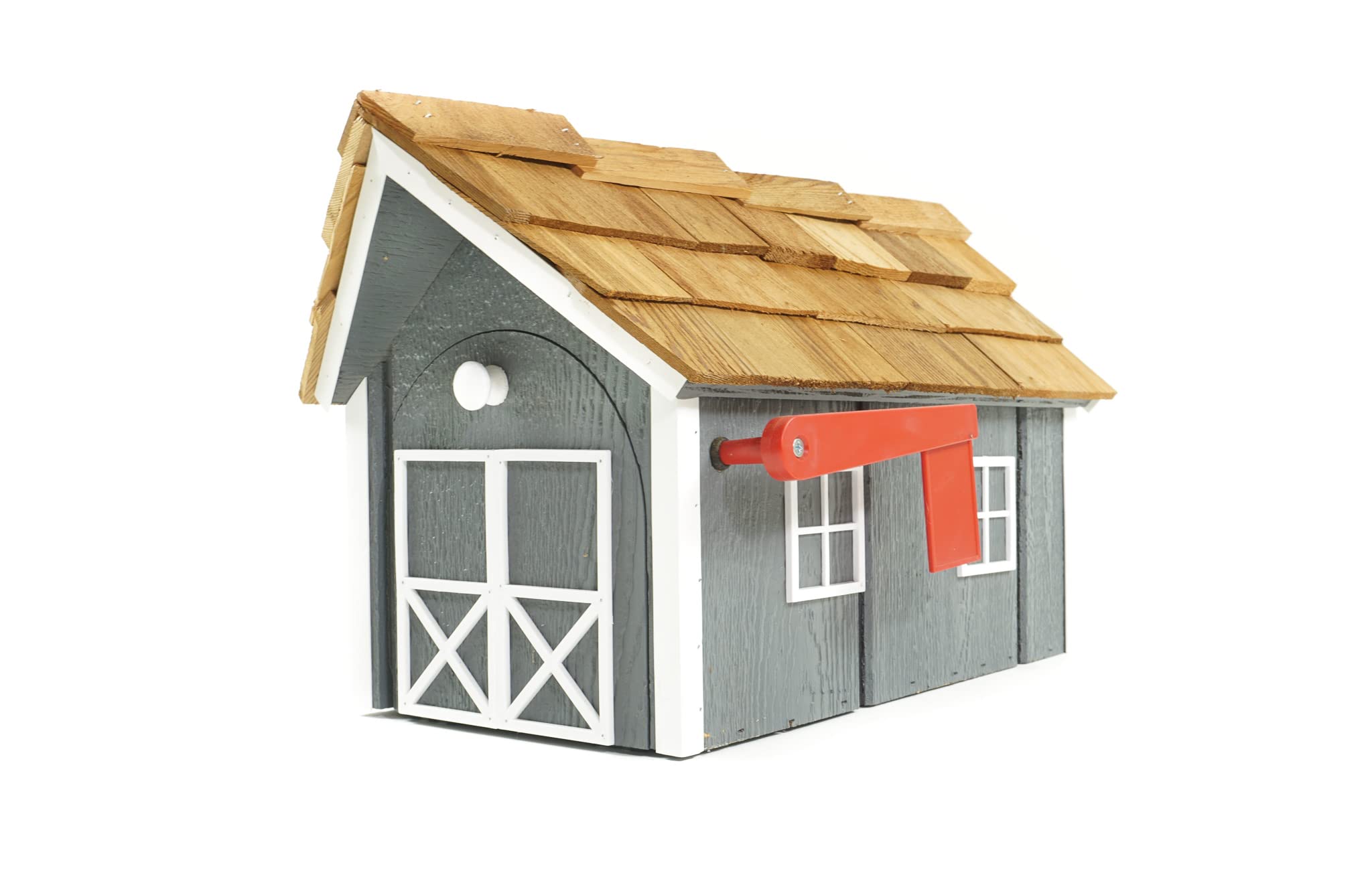 Wood Mailbox with Cedar Shake Roof and Magnetic Latch - Choose Your Color (Grey & Cedar Shake & White)