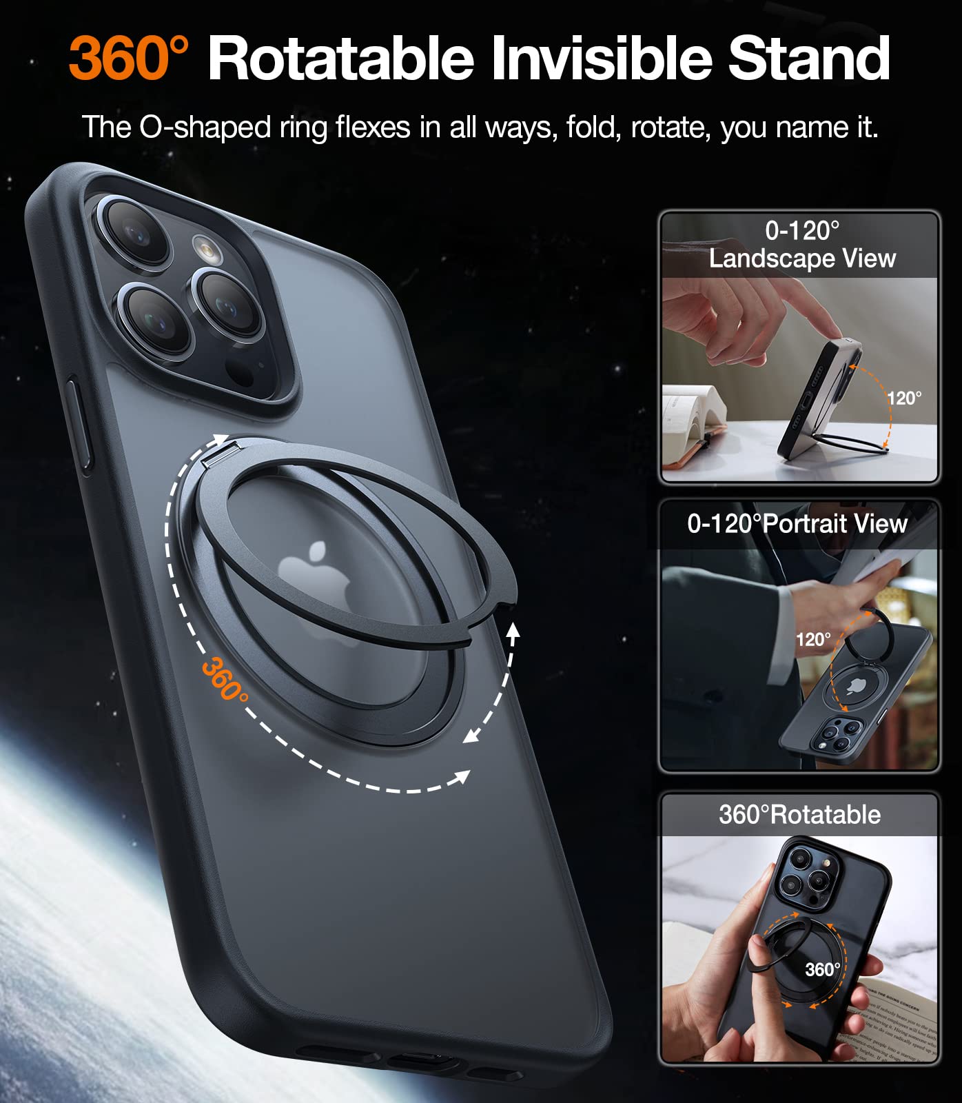 TORRAS 360°Rotatable Ring for iPhone 13 Pro Max Case [Compatible with Magsafe] with Stand, Magnetic Ring Holder Military Grade Shockproof Translucent Back Slim Fit Phone Case UPRO Ostand Pro, Black