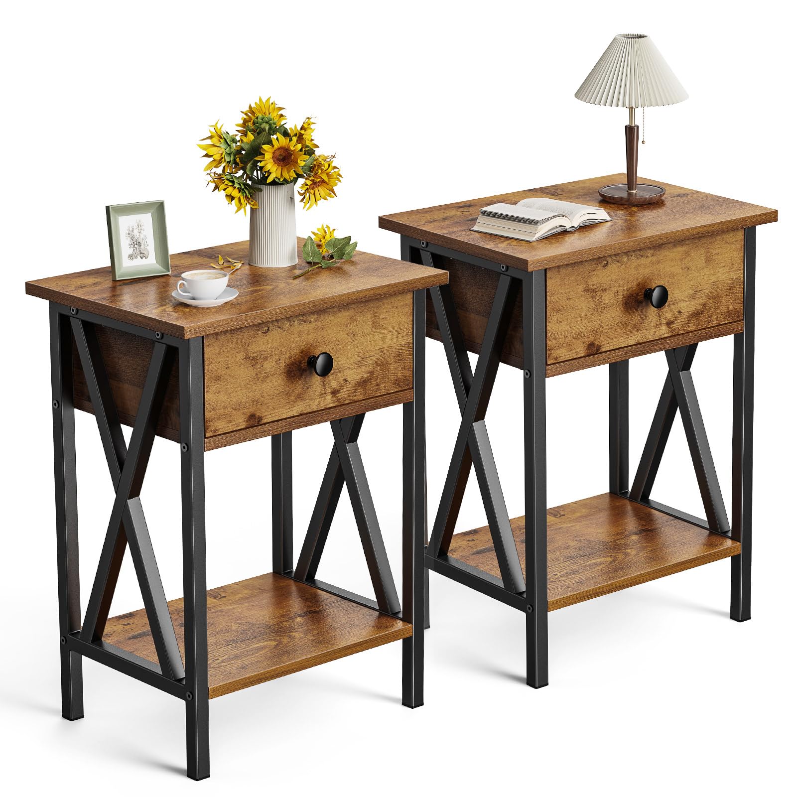 Nightstands Set of 2, Modern Bedside Tables End Table Set of 2 with Drawer and Storage Shelf, Side Tables X-Design Legs for Living Room Bedroom, Brown