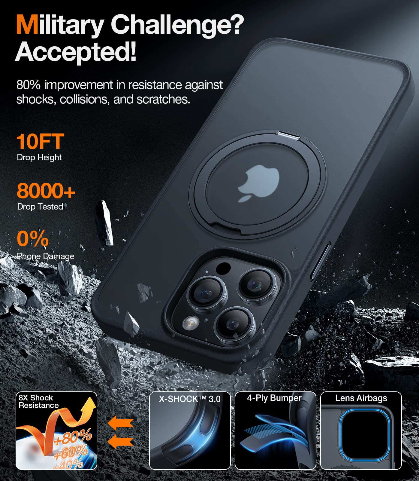 TORRAS 360°Rotatable Ring for iPhone 13 Pro Max Case [Compatible with Magsafe] with Stand, Magnetic Ring Holder Military Grade Shockproof Translucent Back Slim Fit Phone Case UPRO Ostand Pro, Black