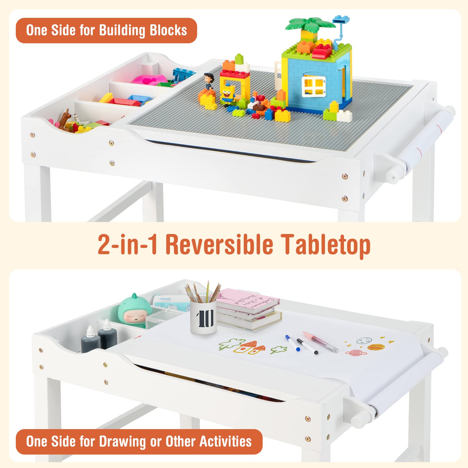 Costzon Kids Table, 3 in 1 Wood Building Block Desk w/Storage, Paper Roll, Reversible Tabletop for Toddler Arts, Crafts, Drawing, Reading, Playing, Gift for Boys Girls, Activity Table (White)