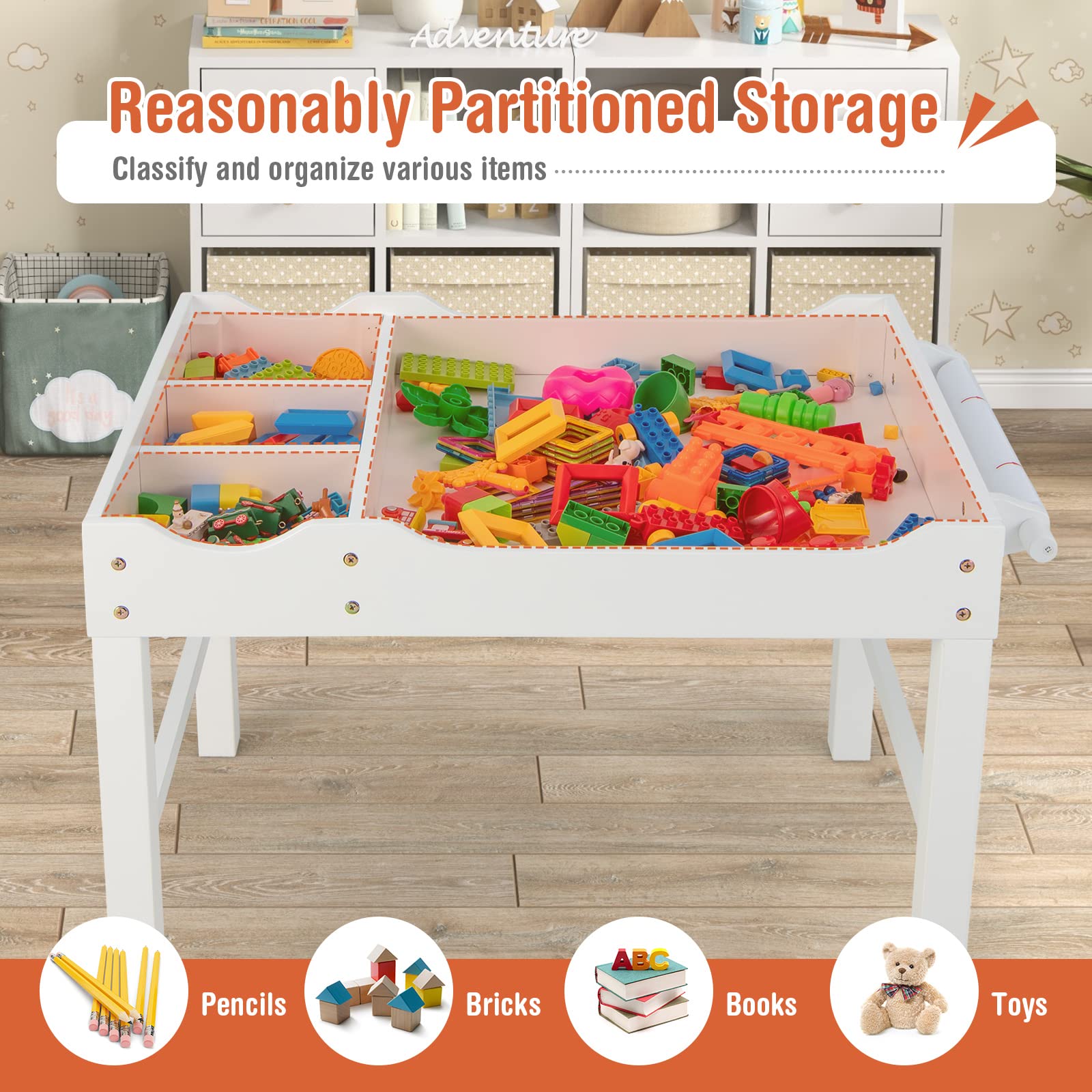Costzon Kids Table, 3 in 1 Wood Building Block Desk w/Storage, Paper Roll, Reversible Tabletop for Toddler Arts, Crafts, Drawing, Reading, Playing, Gift for Boys Girls, Activity Table (White)