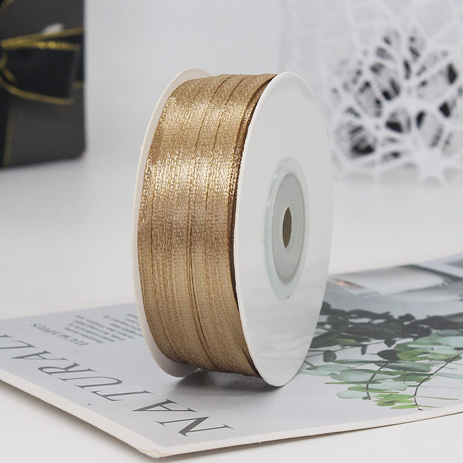 Capesaro Champagne Ribbon - 1/8 inch x 100 Yards Solid Color Double Face Thin Satin Ribbon for Gift Wrapping Flowers Bouquet Baby Hair Accessories Wedding Birthday