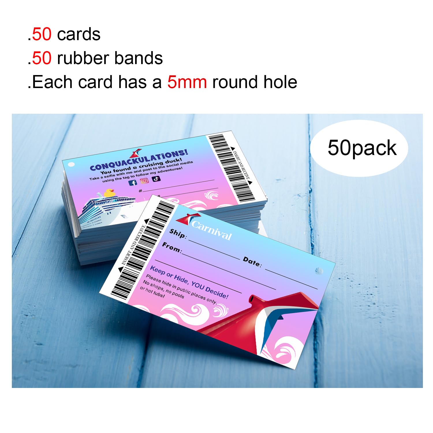 Cruising Rubber Duck Tags, Duck Tags, Carnival Cruising Line Gold Sailing Card, Duck Duck Tags, Ducking Game Cards, 50 Pack, 3.5 x 2 inches, with Hole and Rubber Bands (Cruise Tags 7FDC223)