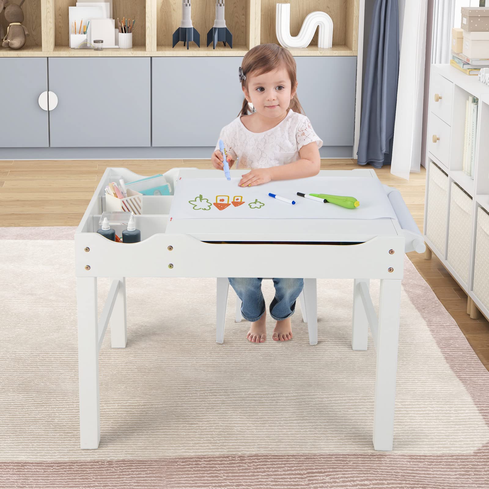 Costzon Kids Table, 3 in 1 Wood Building Block Desk w/Storage, Paper Roll, Reversible Tabletop for Toddler Arts, Crafts, Drawing, Reading, Playing, Gift for Boys Girls, Activity Table (White)