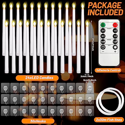Liliful 24 Pcs Halloween Hanging Floating Candles Flameless LED Taper Candles Magic Hanging Flameless Candles Battery Operated Warm Light for Halloween Party Decor(White, 11.8inch)